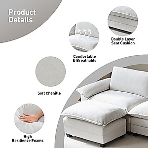 mestyl Comfy Modular Sectional Couch with Ottoman, 120" L Shaped 3 Deep Seat Fluffy Cloud Sofa, Modern Sleeper Sofas Soft Couches Set for Living Room, Apartment, Office, Studio, Chenille, Beige White