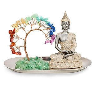 INNOLITES 7 Chakra Crystal Tree and Buddha Statue set, Yoga Meditation Decor, Money Tree and Buda Statues for Home Living Room Office Shelf Decoration Wealth and Luck（Silver）