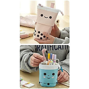 Cute Pencil Case Kawaii Standing Pen Holder Bubble Tea Boba Milktea Pop Up Back to School Supplies Stationery Organizer Bag with Smile Face Cosmetics Pouch Makeup Bag for Kids Students Teens (Pink)