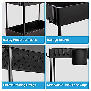 Spurtar 2 Pack Under Sink Organizers and Storage, 2 Tier Bathroom Under Cabinet Storage Multi-purpose Under Sink Storage Rack Bath Collection Baskets for Kitchen with 2 Cups and 12 Hooks, Black