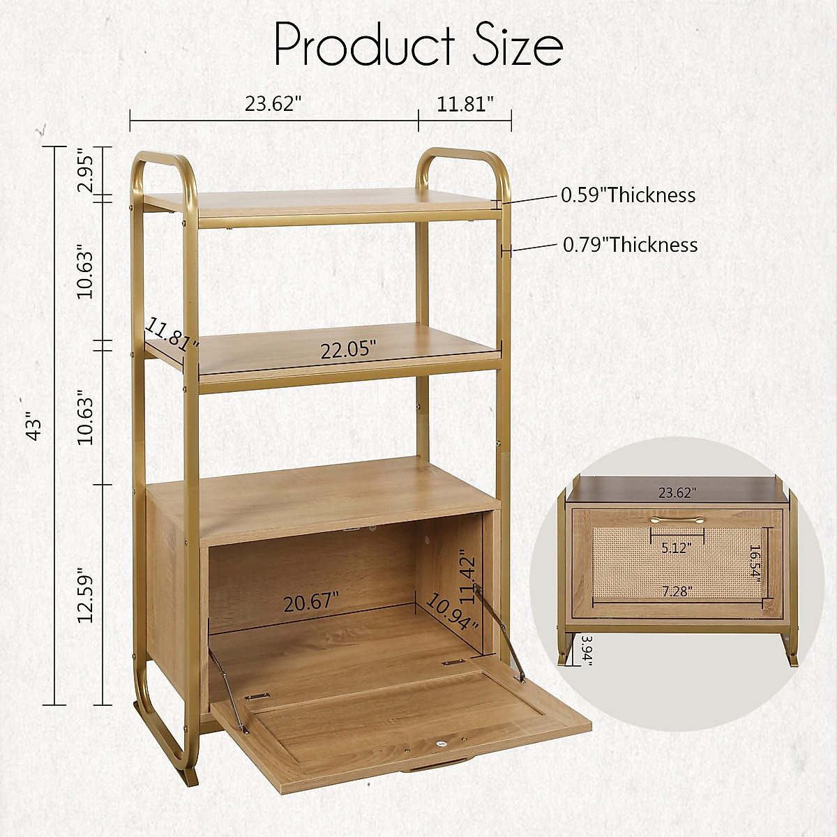 Oakrain Storage Cabinet, Kitchen Storage Cabinet with Door and Shelves, Farmhouse Rattan Cabinet Freestanding Storage Shelves for Kitchen, Bathroom, Home, Living Room