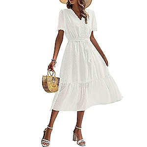BTFBM Women 2023 Summer Boho Midi Dress Short Sleeve V Neck Swiss Dot Belted High Waist Ruffle Tiered A-Line Beach Dress(Swiss Dot White, Medium)