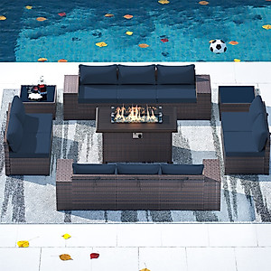 Gotland 13 Piece Large Outdoor Furniture Set, 10 Seater Wicker Patio Furniture Set, All Weather Rattan Wicker Patio Conversation Set with 55000BTU Gas Fire Pit Table