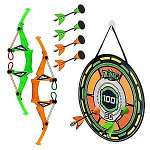 Zing Air Storm Bullz Eye Bow, Includes 2 Bows, 6 Sticky Arrows and 1 Target, Safely Shoots Arrows Over 35ft, Short Range Indoor or Outdoor Active Play, Great Bow and Arrow Toy