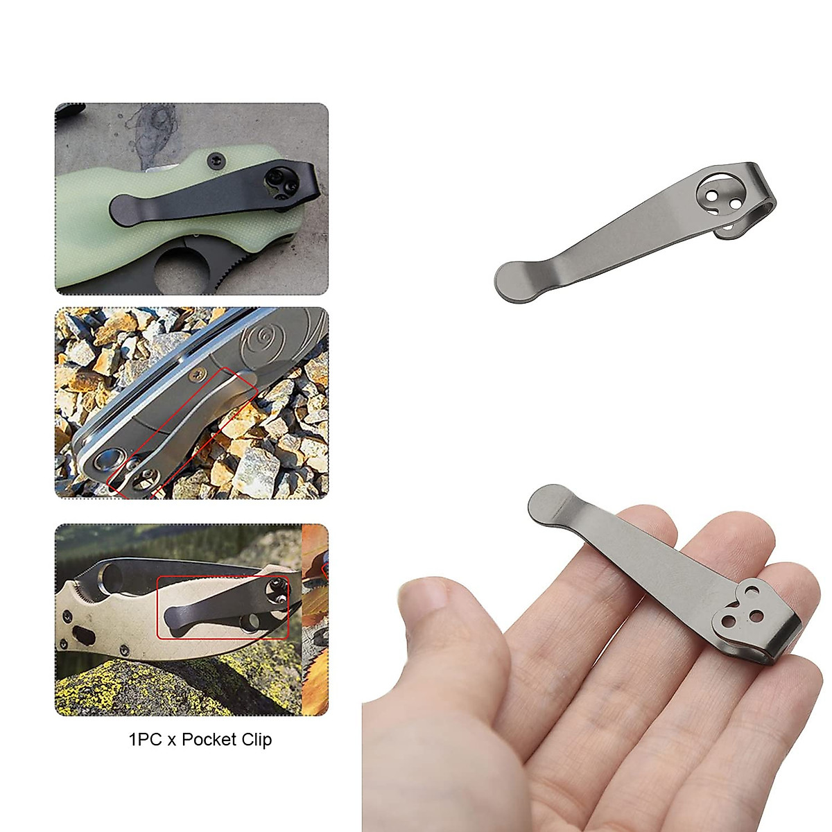 Pocket Back Clip for Spyderco C81 C10 C11, 3-hole Design Titanium Alloy Deep Carry Pocket Clip 53x12mm/2x0.5 inch, Not Screws Included, Easy to Replacement (Stonewash)