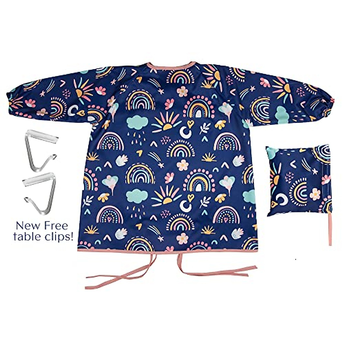 Nooni Care Baby Bibs for Eating | Rainbow Blue | Long Sleeve Bib can be Clipped to the Table | Long Sleeve Bibs for Babies keeps your Baby Cleaner than a Baby Apron | Coverall Bib for Baby Eating