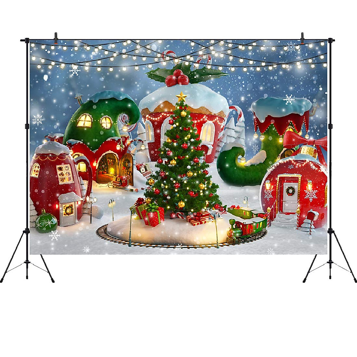 Aperturee 7x5ft Christmas Candy House Photography Backdrop Whoville Decoration Winter Snow Pine Tree Xmas Tree Snowflake Lollipop Background Newborn Baby Shower Photo Studio Booth Prop Banner