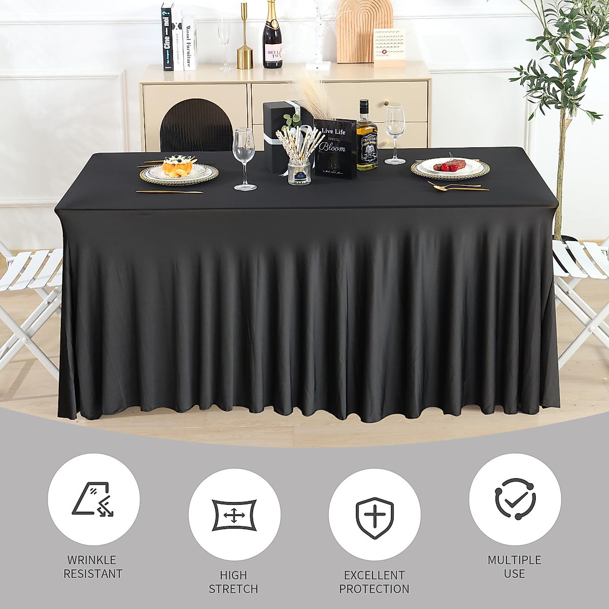 Fixwal Table Skirt, Table Skirts for Rectangle Tables 6ft, Table Covers for 6 Foot Tables, Tulle Table Skirt, Black Spandex Table Covers for Folding Table