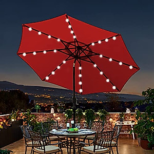 Blissun 9 ft Solar Umbrella 32 LED Lighted Patio Umbrella Table Market Umbrella with Tilt and Crank Outdoor Umbrella for Garden, Deck, Backyard, Pool and Beach (Red)