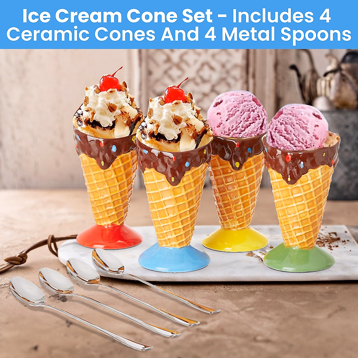 Kovot Ceramic Dessert & Ice Cream Cone Set - Includes 4 Ceramic Cones And 4 Metal Spoons