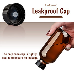 PINIWON 24 Pack 4 oz Amber Glass Bottles, 120ml Boston Round Sample Bottles with Black Poly Cone Caps, Labels, Funnels and Brush