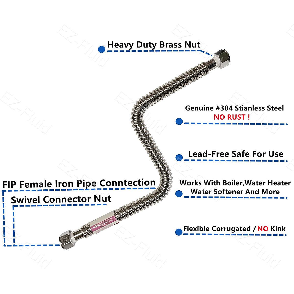 EZ-Fluid 12" x 3/4-Inch FIP x 3/4-Inch FIP, Corrugated Flexible Stainless Steel Water Heater Connector Supply Line for Female Iron Water Pipes Fitting,12-Inch (1-Pc)