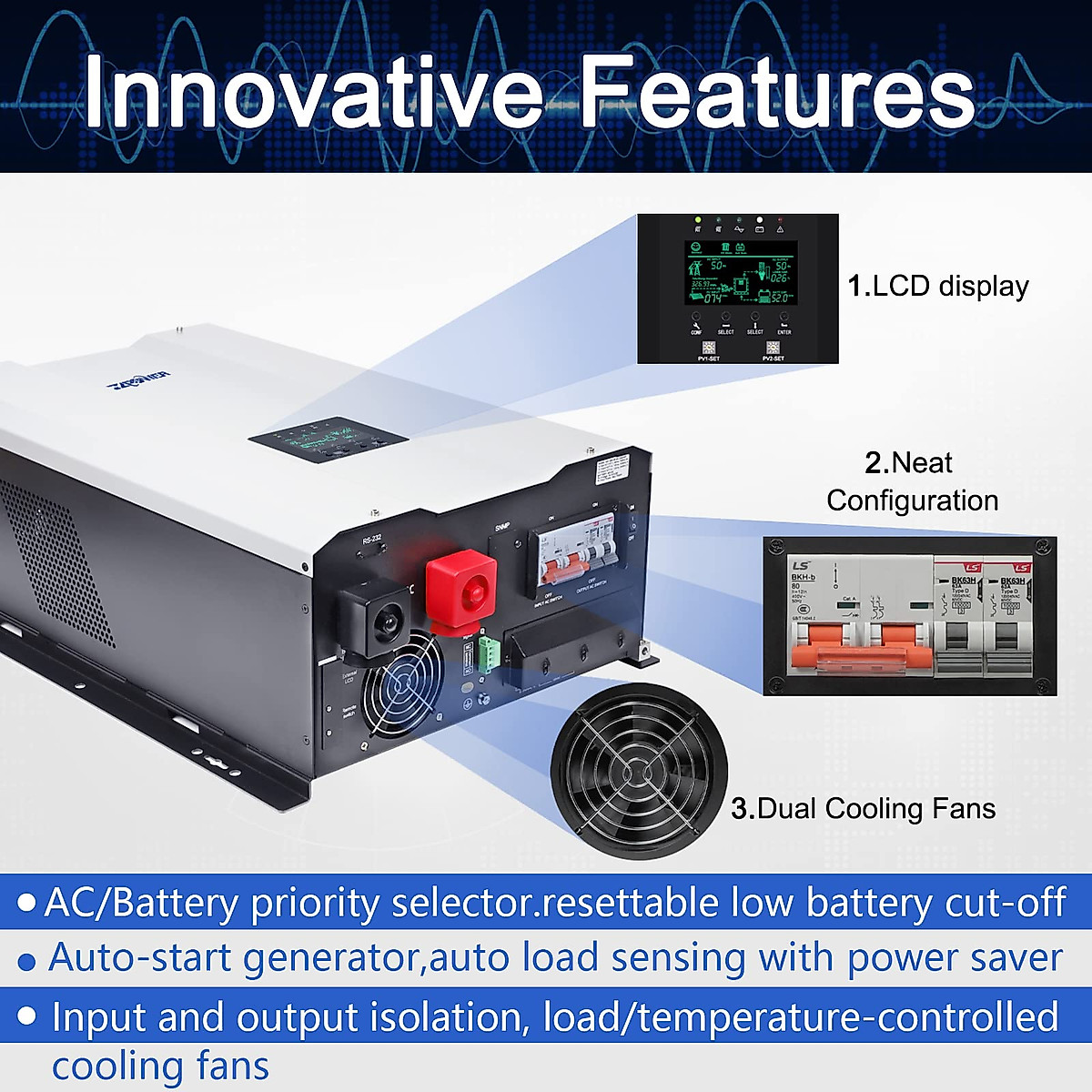 ZLPOWER UL1741 10KW Solar Off Grid Inverter 110/220Vac Low Frequency DC 48V AC Input 240V AC Output 120V/240V Split Phase Pure Sine Wave Power Converter,with 2x60A MPPT Charger Controller 10000W