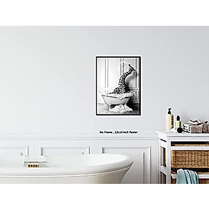 Funny Bathroom Decor Giraffe Animals Bathtub Poster–Unframed (12 x 16 Inch)– Bathroom Wall Decor, Black and White Bathroom Decor, Giraffe Wall Art Photo Pics Poster Funny Bathroom Modern Cute Chic Cool Unique Bathroom Sign