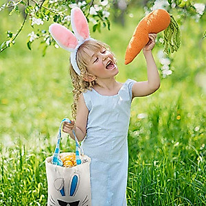 Weewooday 2 Pieces Easter Bunny Bags Large Easter Canvas Tote Bags Bunny Ears Basket Bags Spring Egg Hunts Bags for Easter Kids Eggs Candy Hunting Carrying Daily Usage (Blue, Pink)