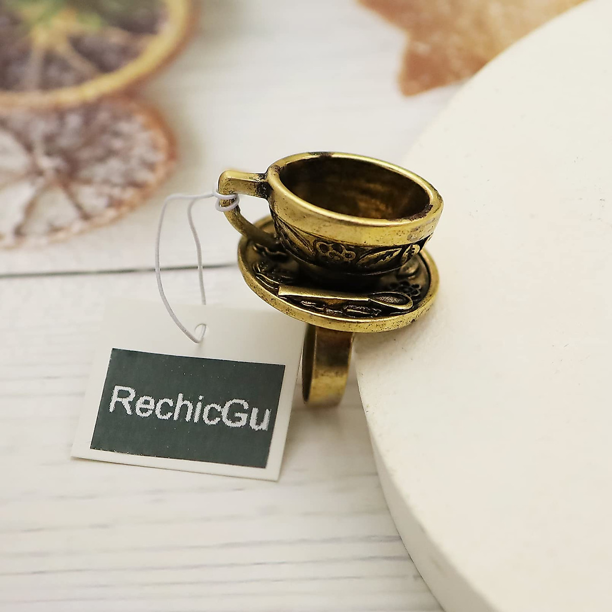 RechicGu Gold Vintage Fairytale 3D Tea Cup Saucer Ring Party Fairy Tale Hatter Wonderland Cosplay Fancy Dress