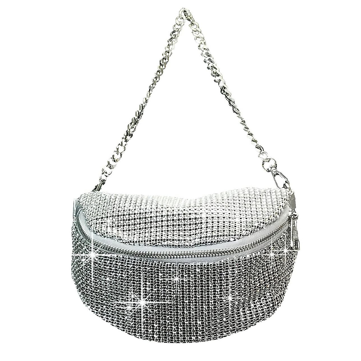 Zzfab Mesh Bing Fanny Crossbody Bags Rhinestone Clutches bling Evening Purse for Wedding and Prom Silver