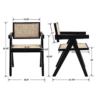ZHENGHAO Rattan Dining Chairs Set of 2, Mid Century Modern Chairs with Mesh Back, Accent Cane Kitchen Chairs Comfy Side Chair with Arms for Dining Room/Restaurant/Living Room, Black