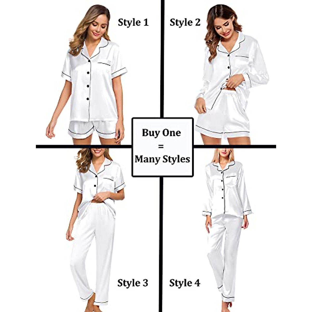 SWOMOG Women 4Pcs Silk Pajamas Set Button Down Sleepwear Loungewear Pj Sets for Ladies Nightwear White Large