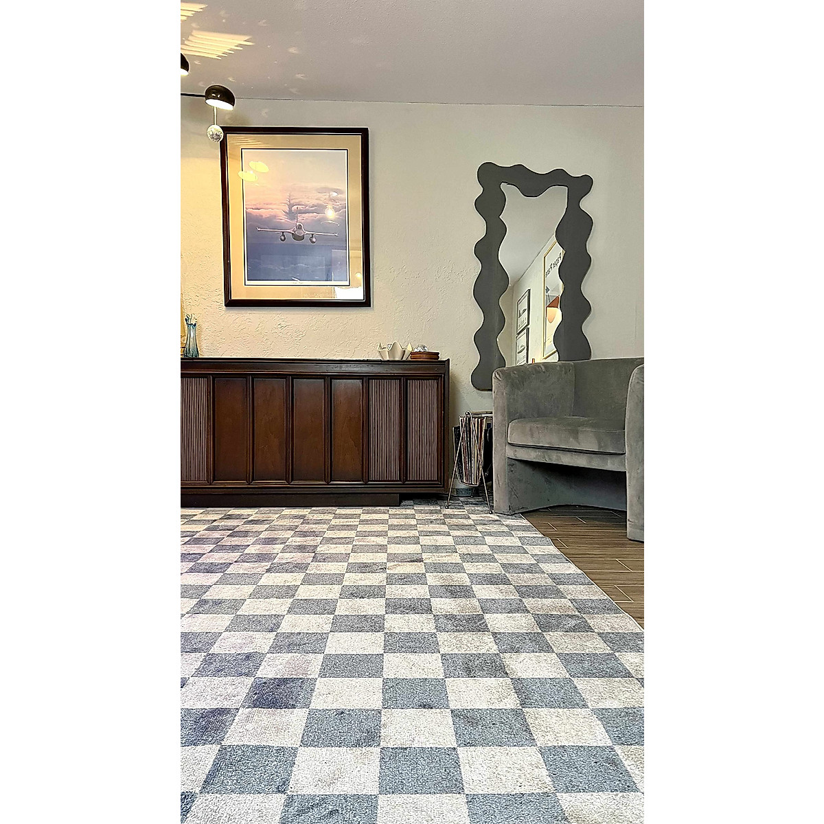 Hauteloom Brone Contemporary Checkered Area Rug - Modern Geometric Bordered Carpet for Living Room, Bedroom, Dining Room - Checkboard Design - Square Tiles - Blue, Ivory - 5'3" x 7'