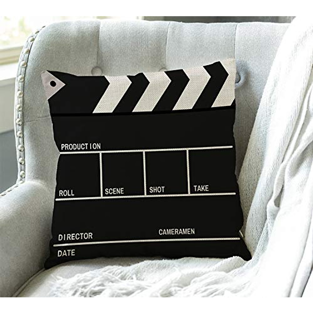 Swono Throw Pillow Case Movie Lapper Board Cotton Linen Square Cushion Cover Standard Pillowcase for Men Women Home Decorative Sofa Armchair Bedroom Livingroom 18 x 18 inch