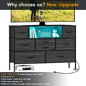 Simoretus Wide Dresser with Charging Station and LED Light for Bedroom 8 Fabric Drawers Chest of Drawers with Power Outlet Storage Open Shelf for Living Room TV Stand Closet Hallway (Charcoal Black)
