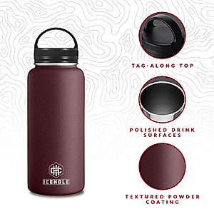 ICEHOLE 32 oz Wide Mouth Water Bottle with Handle Lid - Stainless Steel Double Wall Insulated Water Bottle - Sweat Proof BPA-Free Metal Thermos Bottle for Gym, Sports, Travel (Choclate Maroon)