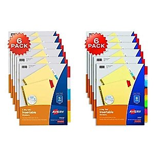 Avery 5-Tab Binder Dividers, Insertable Multicolor Big Tabs, 6 Sets (11109) and Avery 8-Tab Binder Dividers, Insertable Multicolor Big Tabs, 6 Sets (11111)