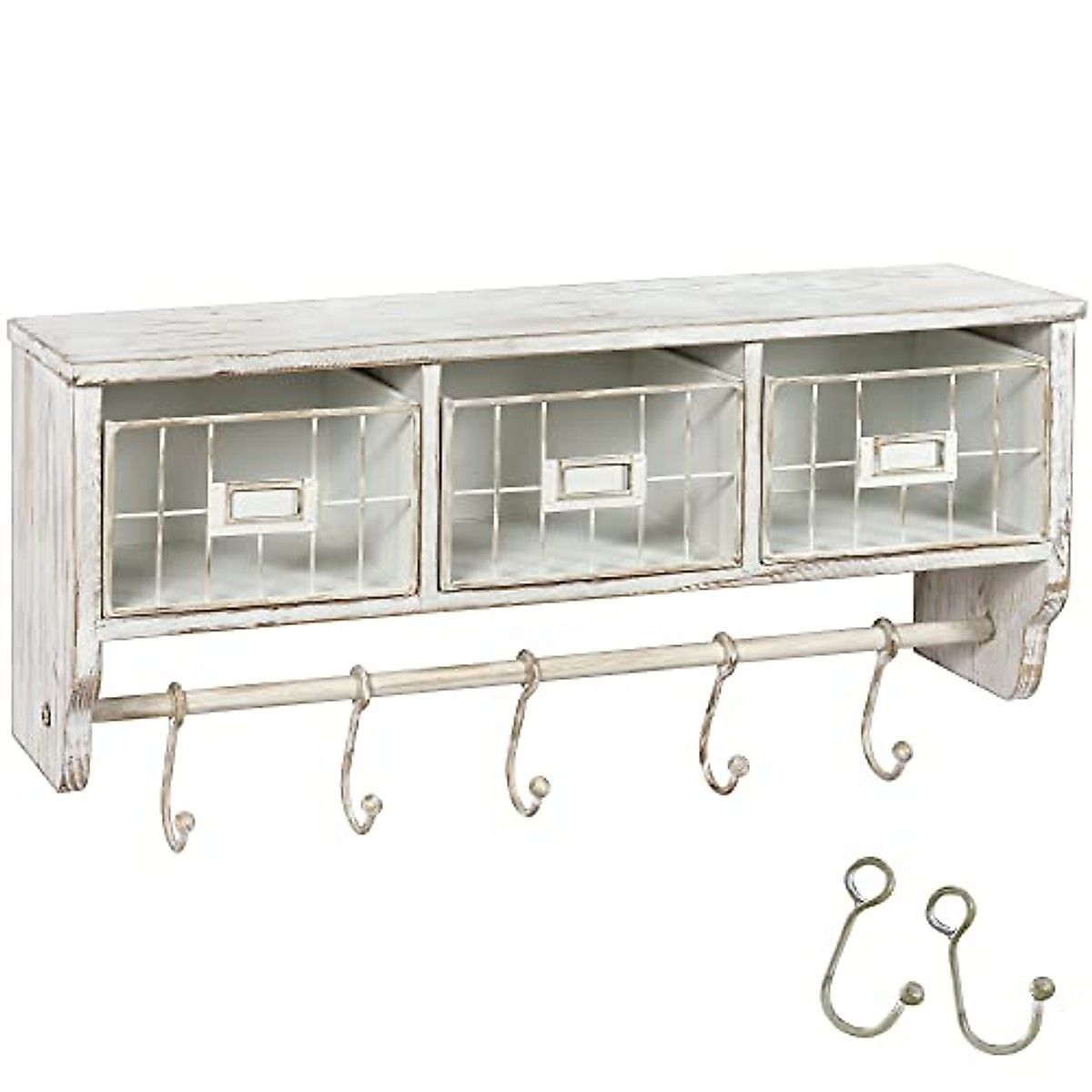 HBCY Creations Wall Mounted Shelf with Coat Hooks and Baskets, Solid Wood Entryway Organizer Wall Shelf with Hooks - Hang Coats, Keys or Coffee Mugs, Rustic Brown 24" Wide