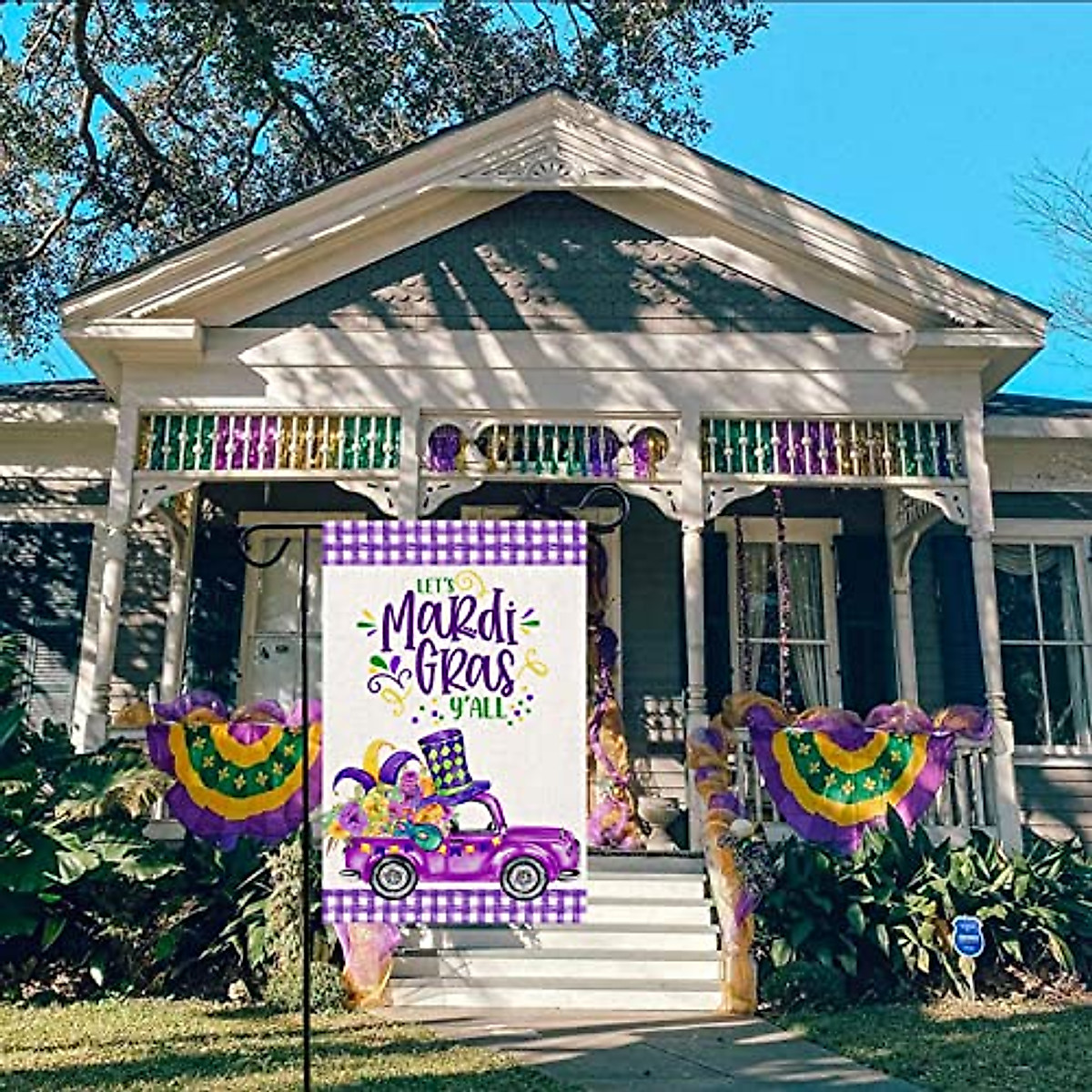 Baccessor Mardi Gras Y’all Garden Flag Double Sided Buffalo Plaid Mask Truck Fleur de Lis Masquerade Party Small Burlap Flag Spring Outdoor Yard Lawn Decoration 12.5 x 18 Inch