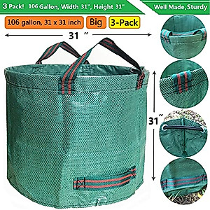 Professional 3-Pack 106 Gallons Lawn Garden Bags (D31, H31 inches) Reusable Yard Leaf Waste Bags with Coated Gardening Gloves - Storage Bag,Patio Bag,Laundry Container,Trash Can with 4 Handles