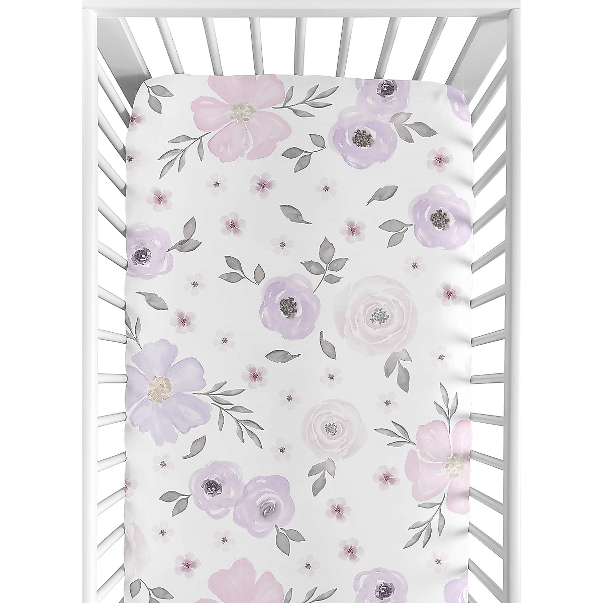 Sweet Jojo Designs Lavender Purple Boho Floral Girl Baby Fitted Crib Sheet Set Nursery Soft Infant Newborn Standard Mattress Toddler Bed Pink Grey White Bohemian Shabby Chic Rose Watercolor Flower