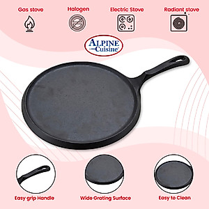 Alpine Cuisine Round Comal Cast Iron 10 Inch Seasoned Coating Black with Durable Single Handle – Comfortable Comal For Cooking, Even Heating & Versatile Kitchen Cookware Color Sleeve Bag Packing