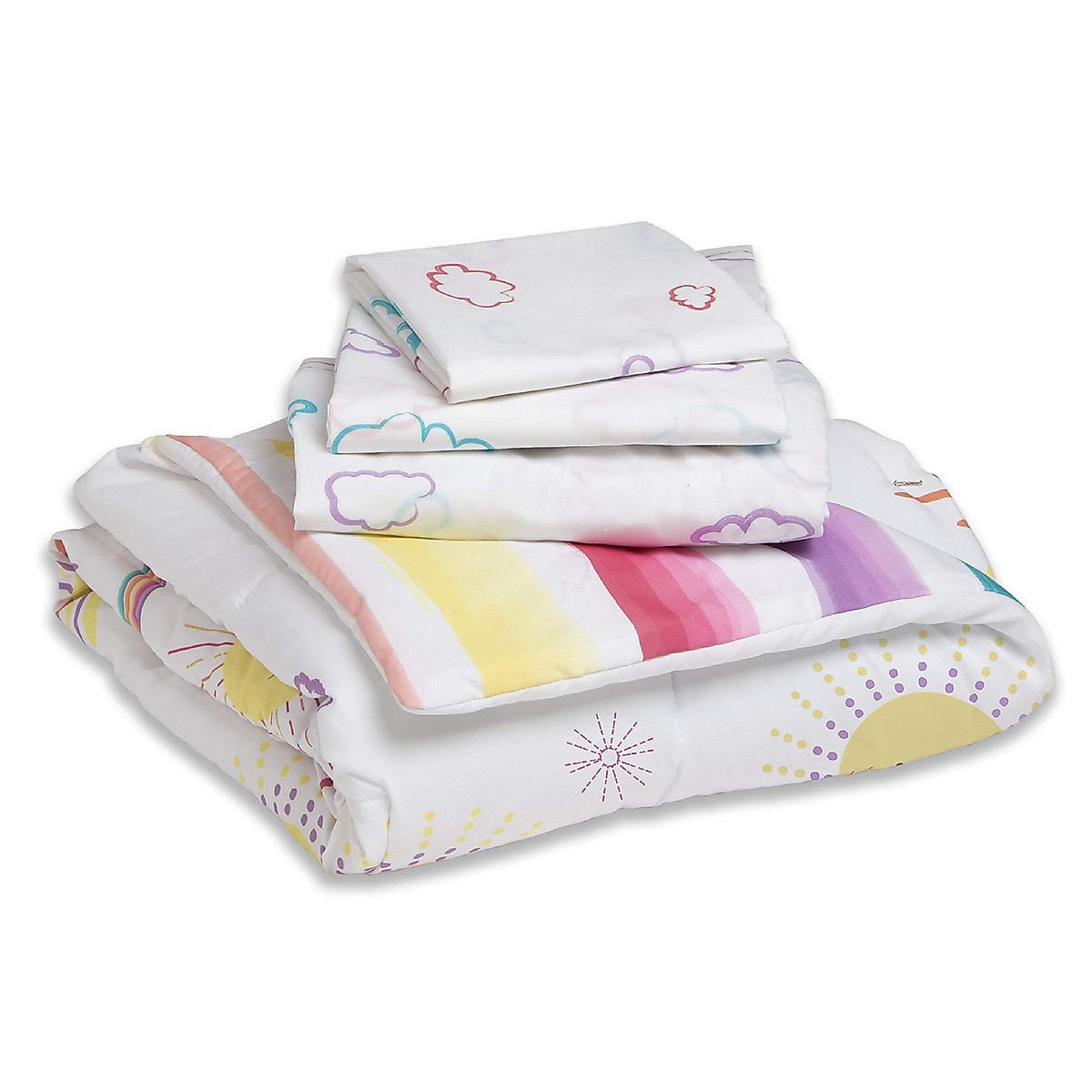 Delta Children Toddler Bedding Set | Girls 4 Piece Collection | Fitted Sheet, Flat Top Sheet w/Elastic Bottom, Fitted Comforter w/Elastic Bottom, Pillowcase, Sunshine | Multi Color