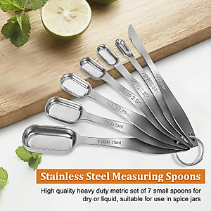 Stainless Steel Measuring Spoons, Premium Heavy Duty Metric Small Tablespoon 7-piece set：1/8 tsp, 1/4 tsp, 1/2 tsp, 3/4 tsp, 1 tsp & 1 tbsp-for Dry or Liquid, Fits in Spice Jar, Including Leveler