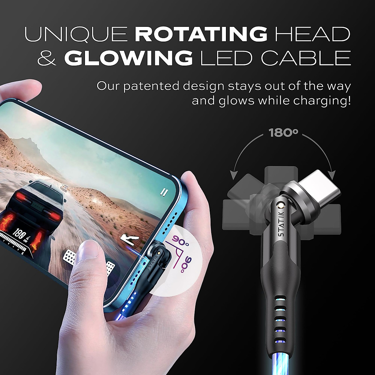 Statik GloBright 360 Magnetic Charging Cable, Light Up Charging Cable, Magnetic USB C Charging Cable, LED Charging Cable, Magnetic Charger Cable, Glowing Light Up Phone Charger Cord 6FT/2M