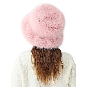 Rulala Fancy Women's Faux Fur Bucket Hats Fluffy Winter Warm Ladie's Unique Wide Brim Fisherman Cap(Pink)