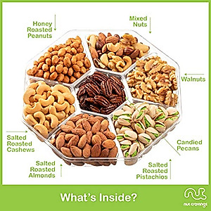 Mixed Nuts Gift Basket + Green Ribbon (7 Assortments) Purim Mishloach Manot Gourmet Food Bouquet Arrangement Platter, Birthday Care Package Tray, Healthy Kosher Snack Box, Her Him Women Men