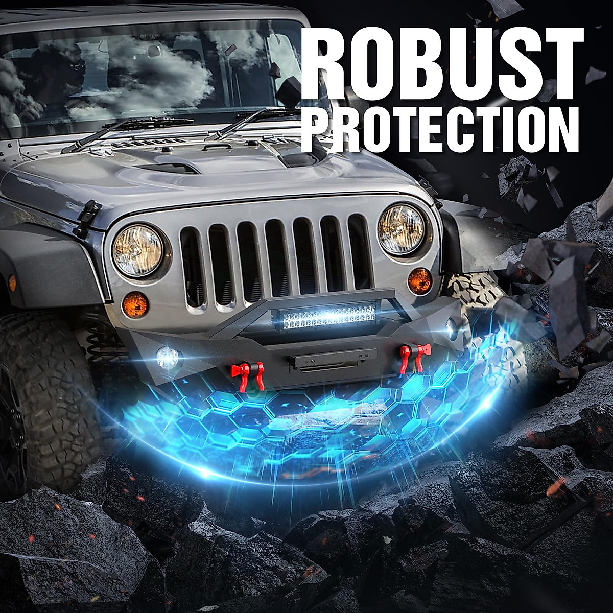 OBNAUX Front & Rear Bumpers w/Tire Carrier for 2007-2018 Jeep Wrangler JK JKU Unlimited w/Winch Plate, License Plate Bracket, Paintable Armor, OE Fog Light Holes, Hitch Receiver & D-rings