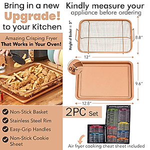 Air Fryer Basket For Oven | 12.8"x9.65" Nonstick Rack & Crisper Tray w/Cheat Sheet Included - Stainless Steel Mesh Frying Basket & Pan for Full Size Oven - Dishwasher Safe 2PC Set for Convection Oven