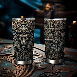 20oz Viking Celtic Warrior Lion Tumbler, Norse Mythology, Viking Gifts for Men, Coffee Thermos for Men, Stainless Steel Double Wall Vacuum Insulated Coffee Mug, Travel Cup with Lid