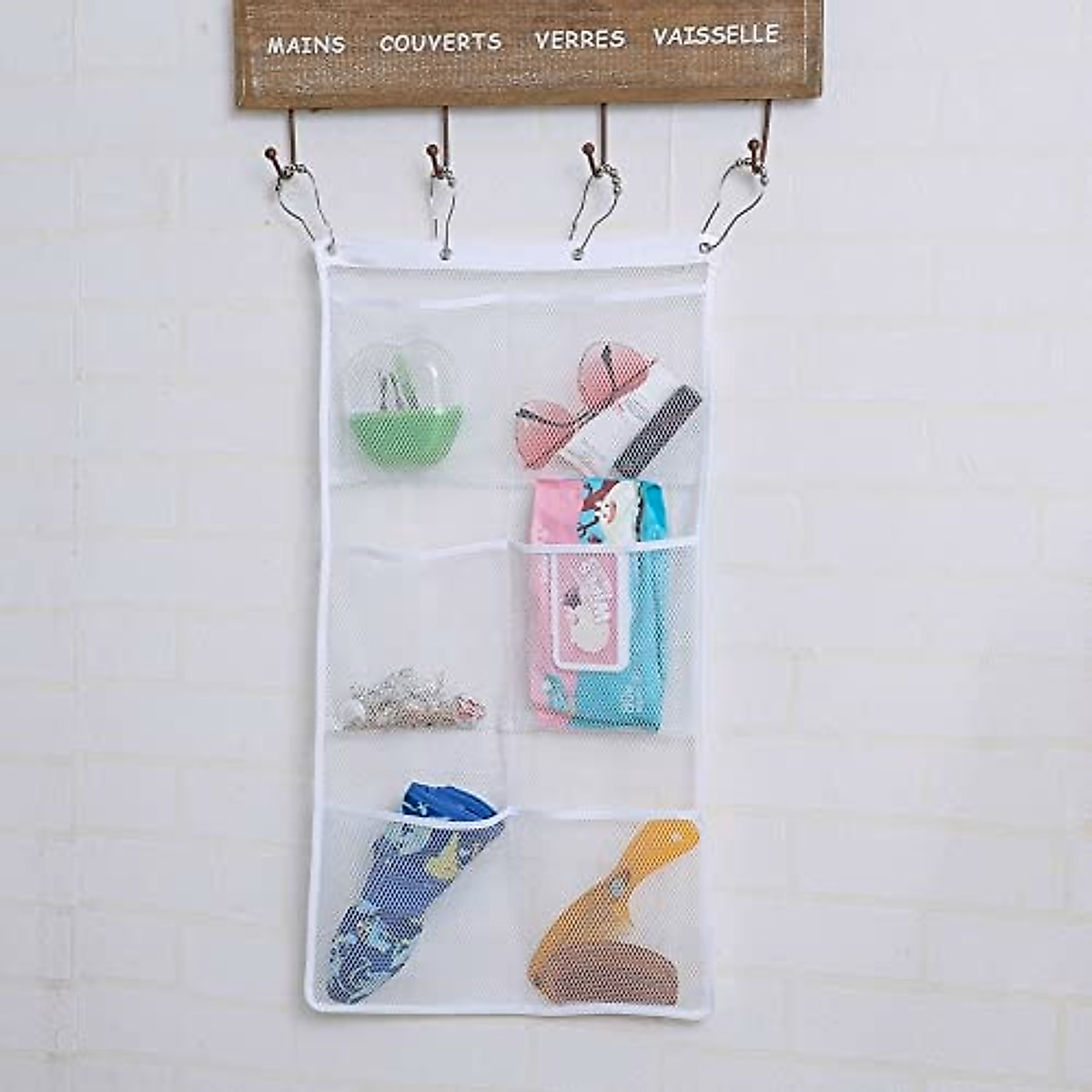 Mesh Shower Curtain Organizer Bag，6 Pockets Hanging Caddies Quick Dry Bathroom Shower Curtain Rod/Liner Toy Shampoo-Soap-Razor Holder Hanger Storage Pocket with 4 Hanging Ring 2 Suction Cup Hooks