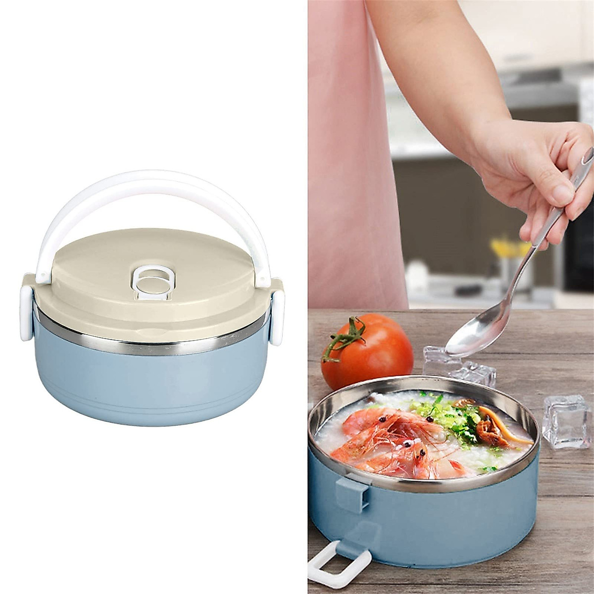 USYFAKGH Thermal Food Box Thermal Lunch Box Stackable Hot Food Insulated Box Stainless Steel Round Lunchbox Sealed Food Containers Vintage Lunch Pale (Green, One Size)