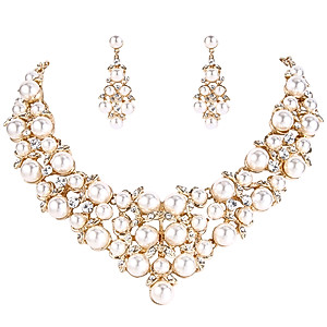 BriLove Wedding Bridal Simulated Pearl Necklace Earring Jewelry Set for Women Crystal Cluster Statement Necklace Dangle Earrings Set Clear Gold Tone.