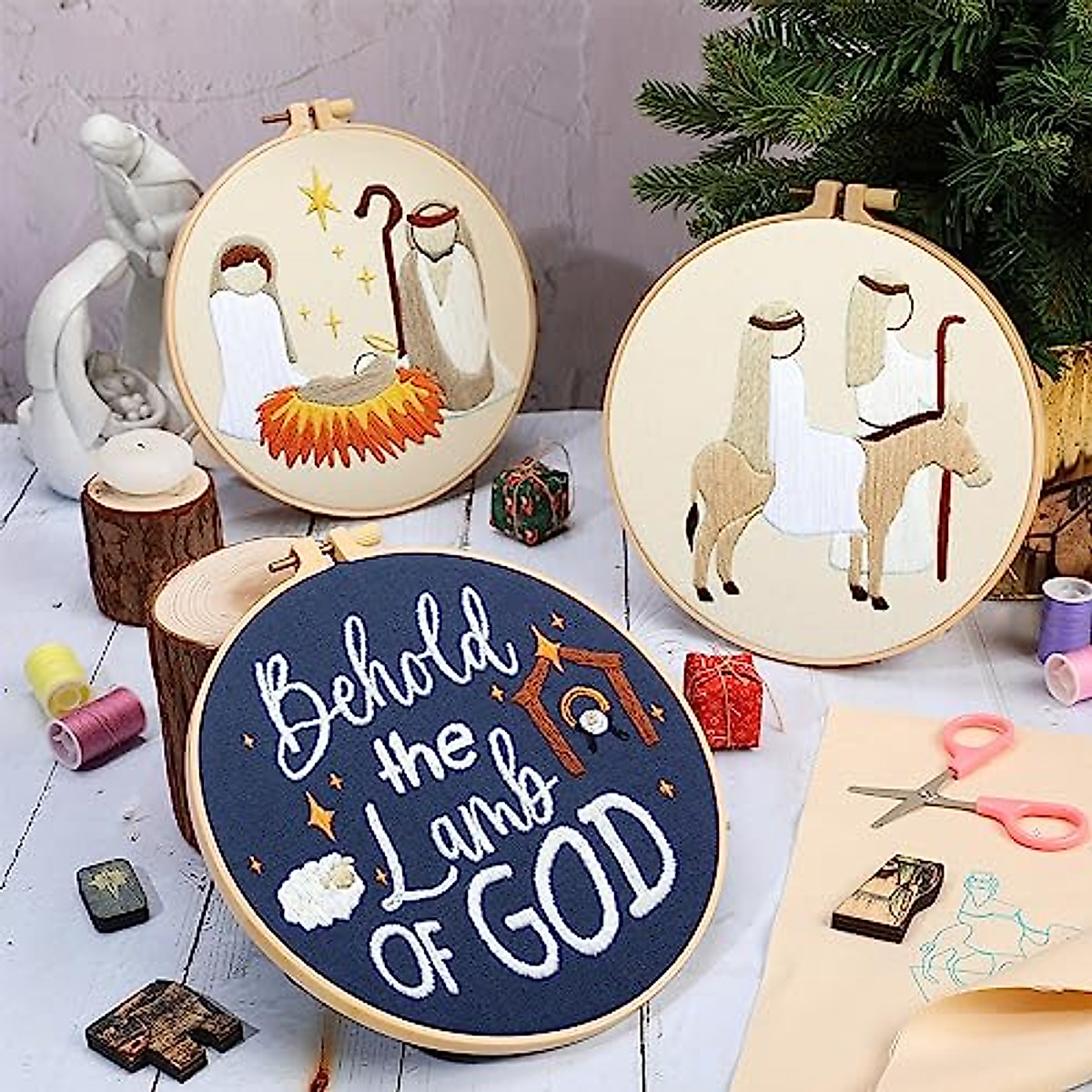 Tigeen 5 Sets Embroidery Starter Kit for Beginners Adults Kids Cross Stitch Embroidery Kit for Christian Christmas with Instructions Embroidery Hoops Needles Colored Threads Needle Threader (Jesus)