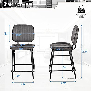 ALPHA HOME Bar Stools Set of 2, Counter Stools with High Back, Modern Upholstered Cushion Barstools Chair with Metal Frame for Kitchen Dining Cafe Indoor, 24 Inch, Dark Grey, 2PCS