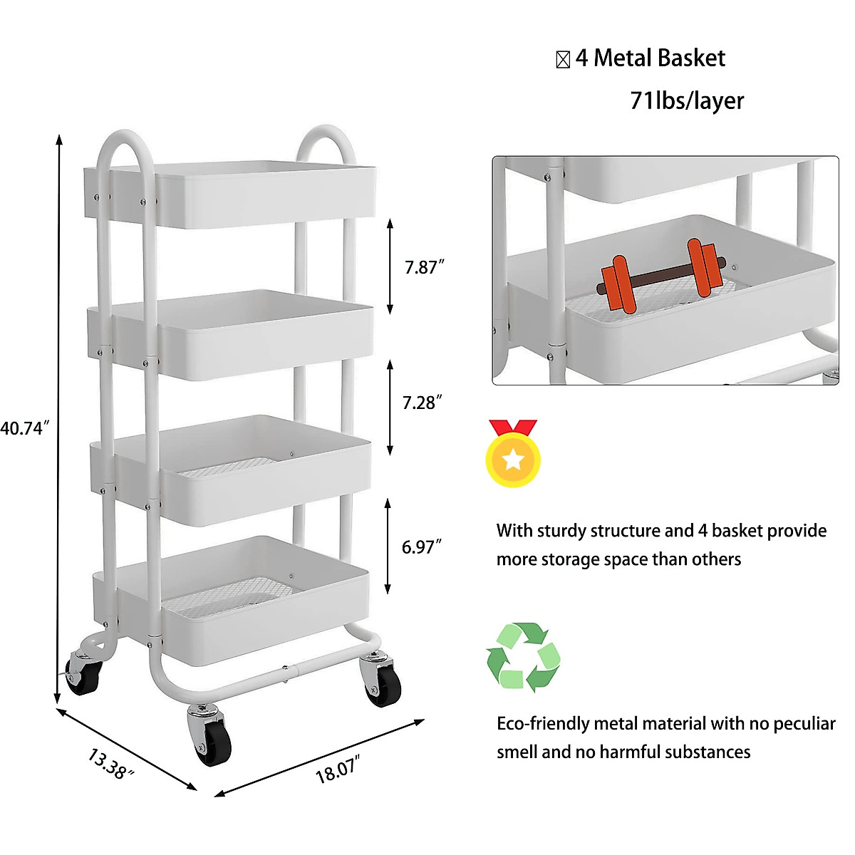 MIOCASA 4-Tier Metal Utility Rolling Cart, Heavy Duty Multifunction Cart with Lockable Casters, Easy to Assemble, Suitable for Office, Bathroom, Kitchen, Garden (White)