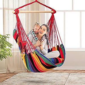 Tangkula Hanging Hammock Chair, Hanging Swing Chair with 2 Pillows, Wood Support Bar, Handmade Cotton Rope Hanging Seat for Indoor Outdoor, Ideal for Bedroom, Patio, Yard, Garden