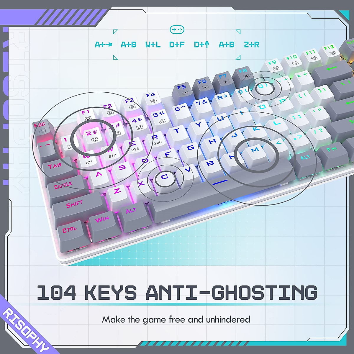 Wireless Mechanical Keyboard, Triple Mode 2.4G/USB-C/Bluetooth Gaming Keyboard, 104 Keys Programmable, Customize RGB Backlit, Red Switch, Bicolor PBT Keycaps, Rechargeable Wired Keyboard for Laptop PC
