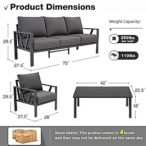 COMLAX FIELD Outdoor Patio Furniture Set, 4 Pieces Metal Patio Furniture Set with Coffee Table, Modern Outdoor Patio Conversation Seating Set, Grey